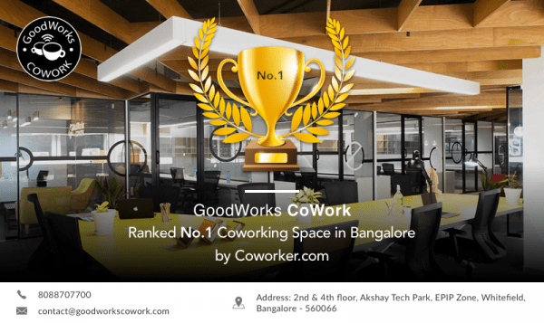 GoodWorks awarded No.1 Coworking space in Bangalore for 2019 ...
